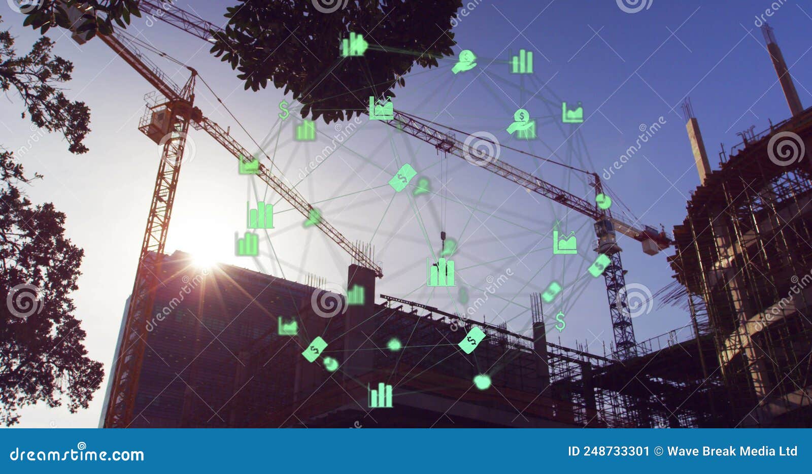 3D Icon Network with Construction Site Background Stock Illustration ...