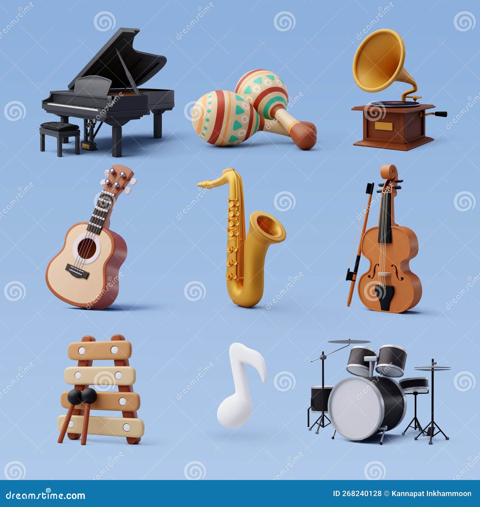 3d Icon Set of Music Instrument, Musical and Recreation Concept Stock ...