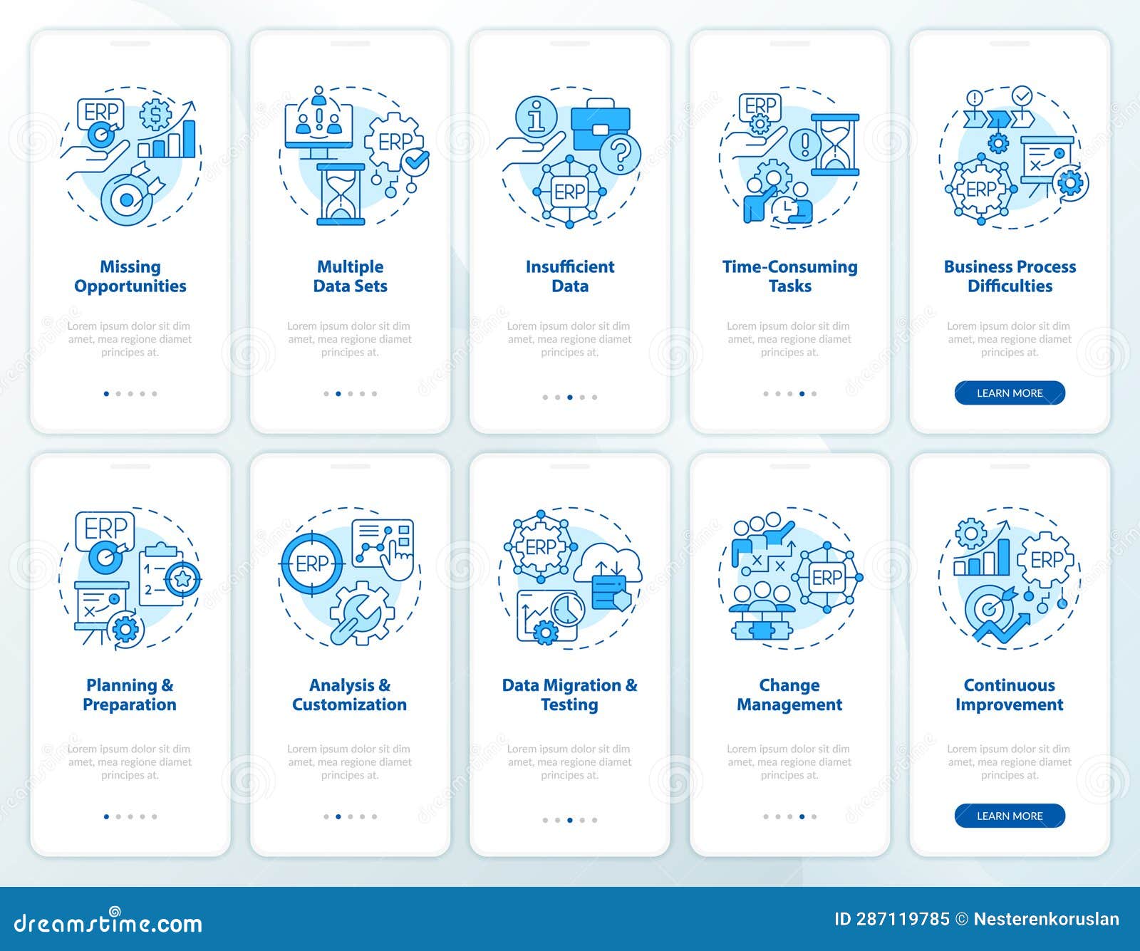 Walkthrough ERP with Blue Line Icons Concept Stock Vector ...