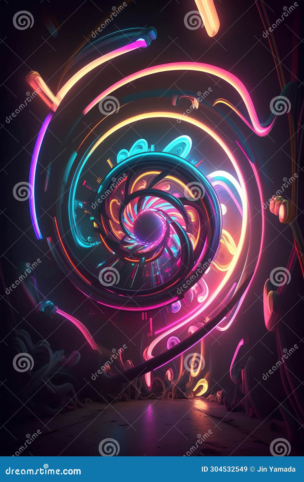 3D Illustration of an Abstract Background with Neon Lights and a Spiral ...