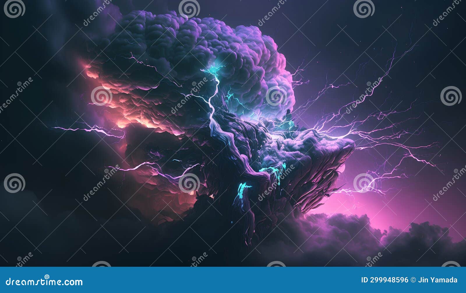 3D Illustration of Abstract Storm Cloud with Lightning in the Night Sky ...