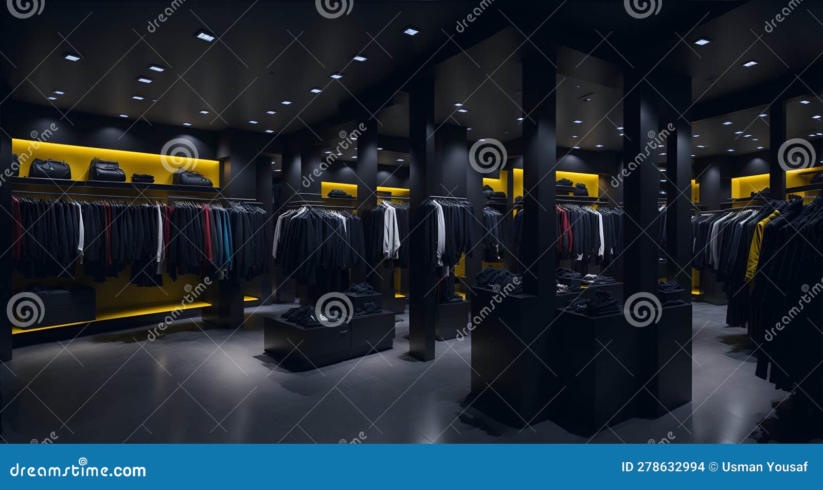A Black and Yellow Store with a Lot of Clothes Created with Generative ...