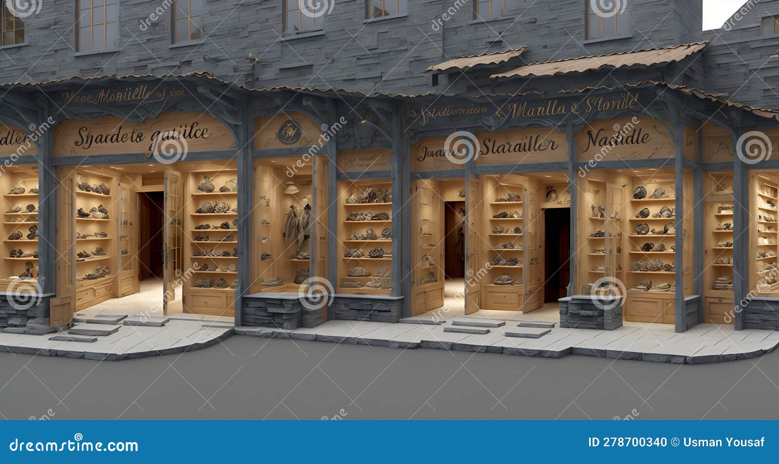A Row of Storefronts with Shoes on Display Stock Photo - Image of ...