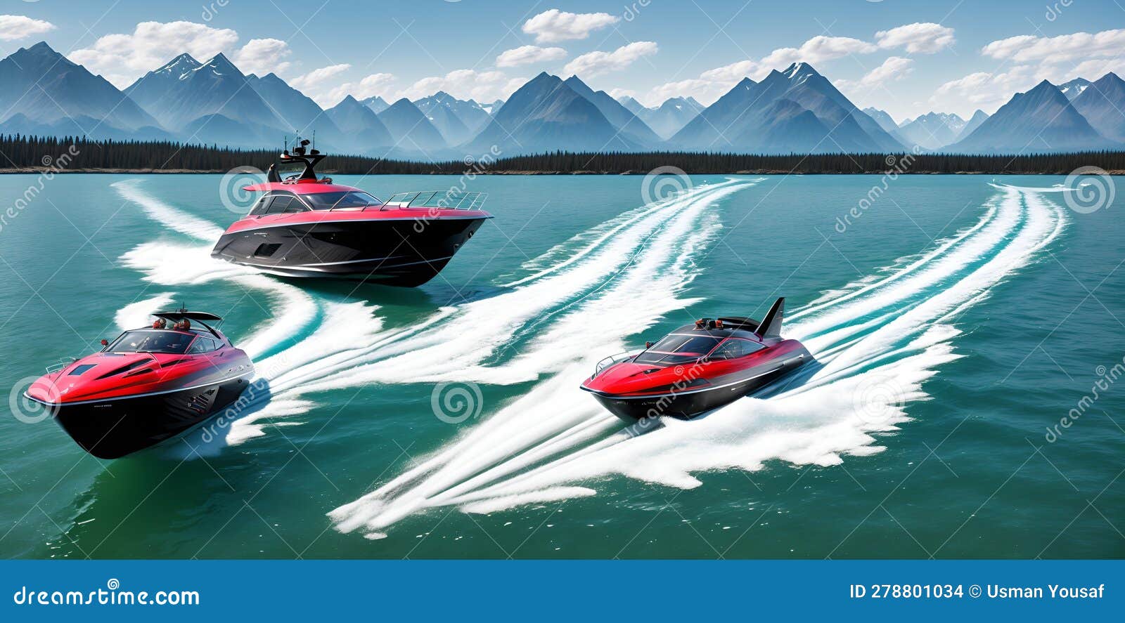 Ai Generated Three Speed Boats Cruising Across a Serene Lake with a ...