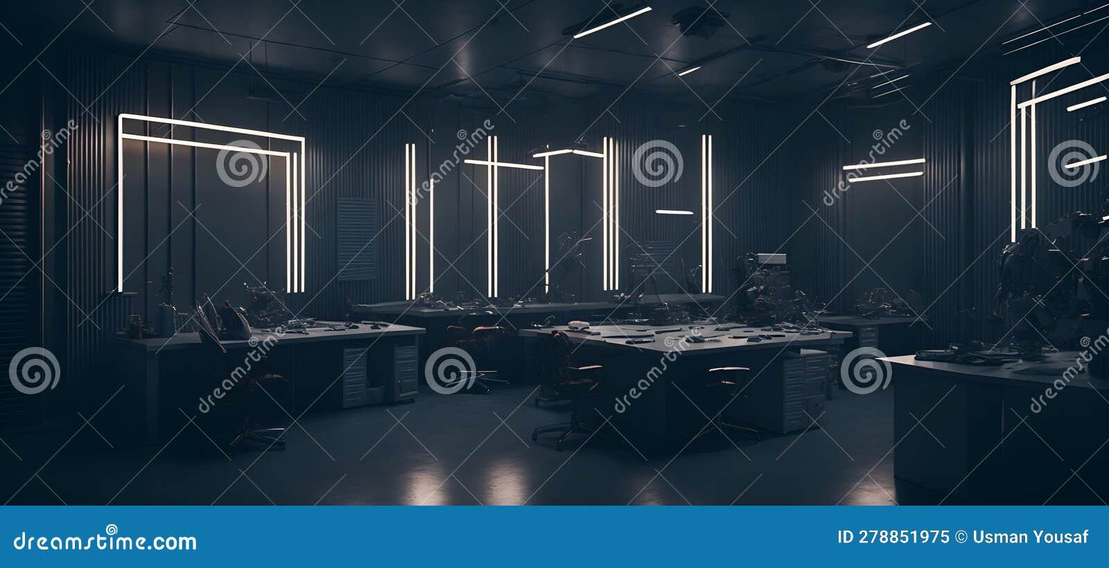 Ai Generated a Dimly Lit Office with Multiple Desks and Chairs Stock ...