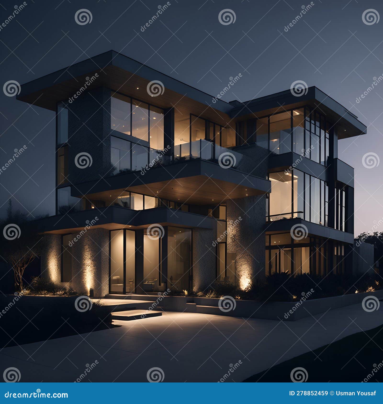 Ai Generated a Modern Mansion Illuminated at Night Stock Illustration ...