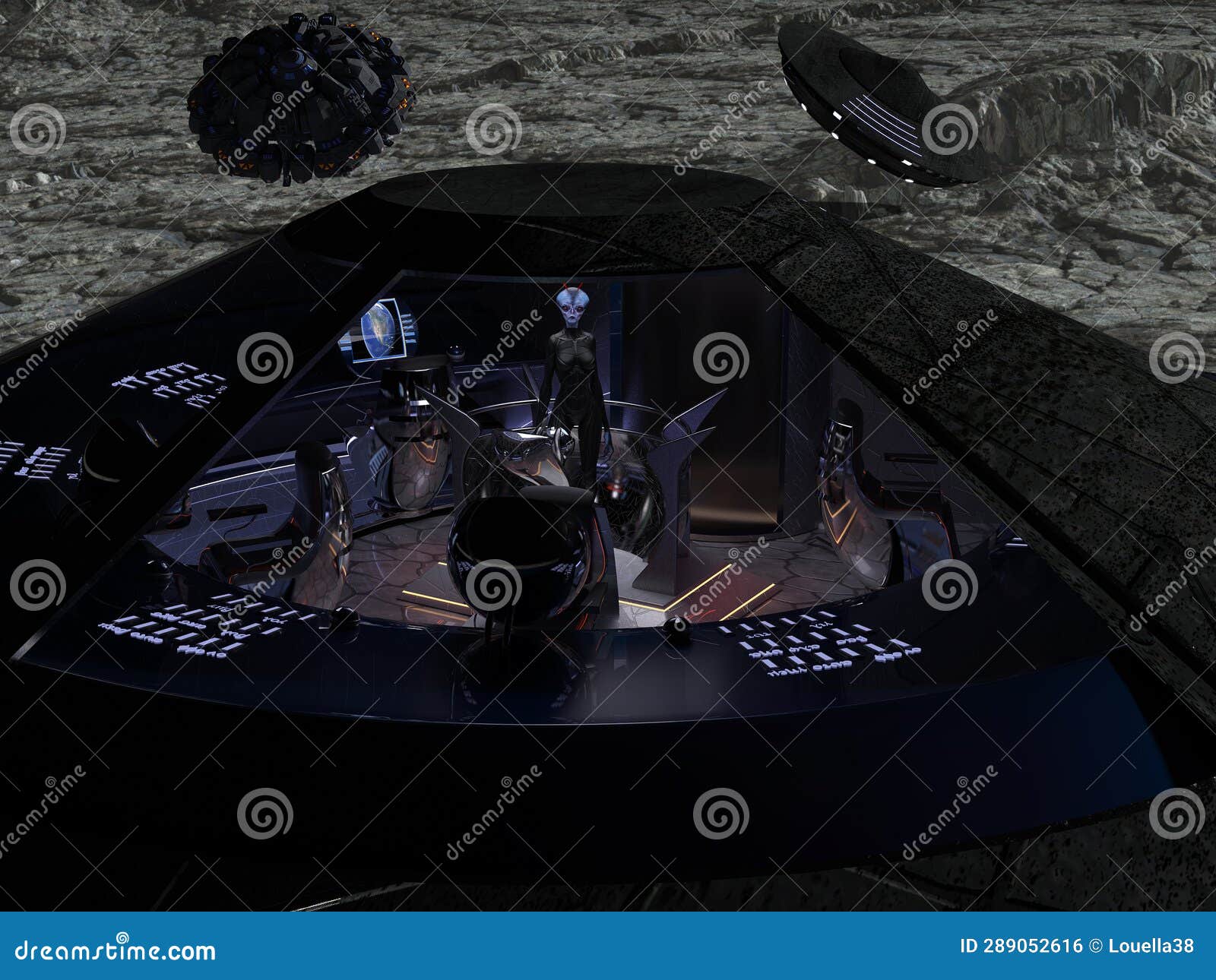 Illustration of an Alien on the Bridge of a Disc Shape Ship with Two ...