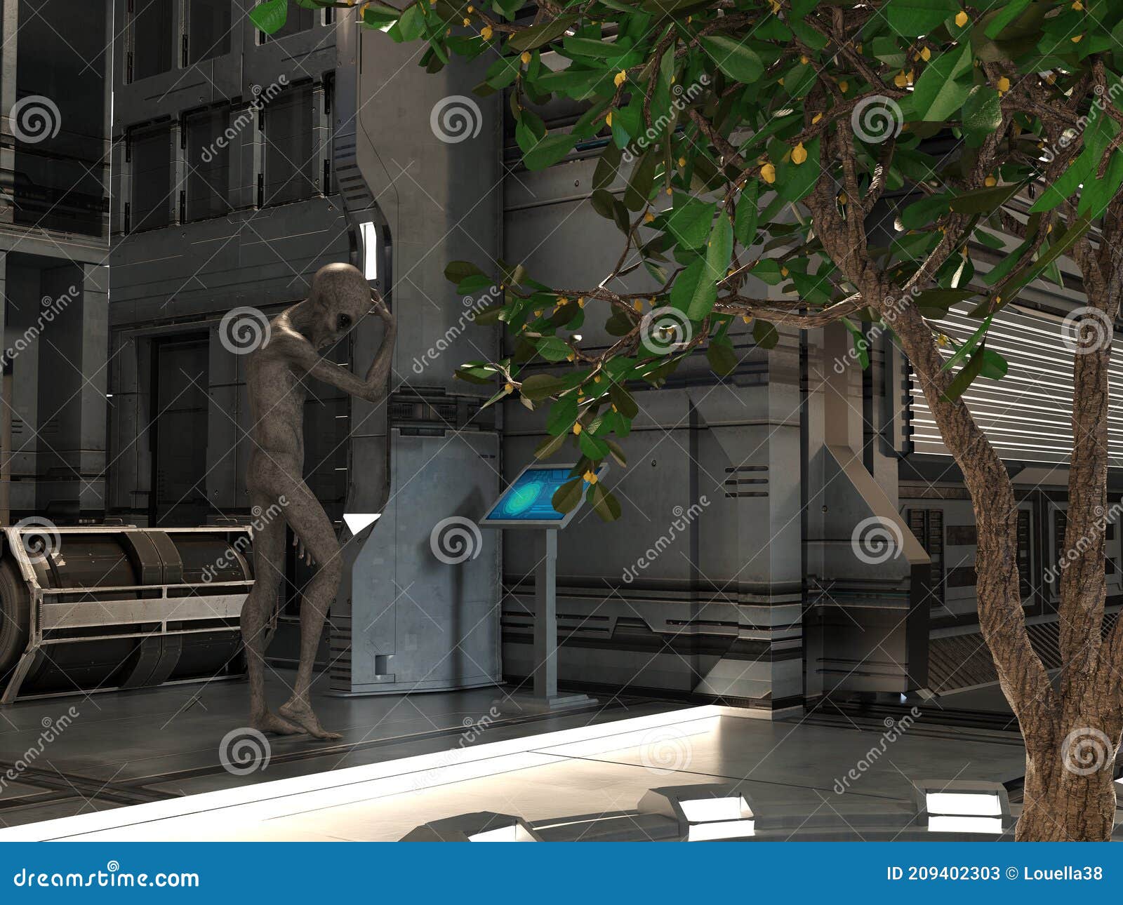 Illustration of an Alien with Hand on Head Looking at a Readout Display ...