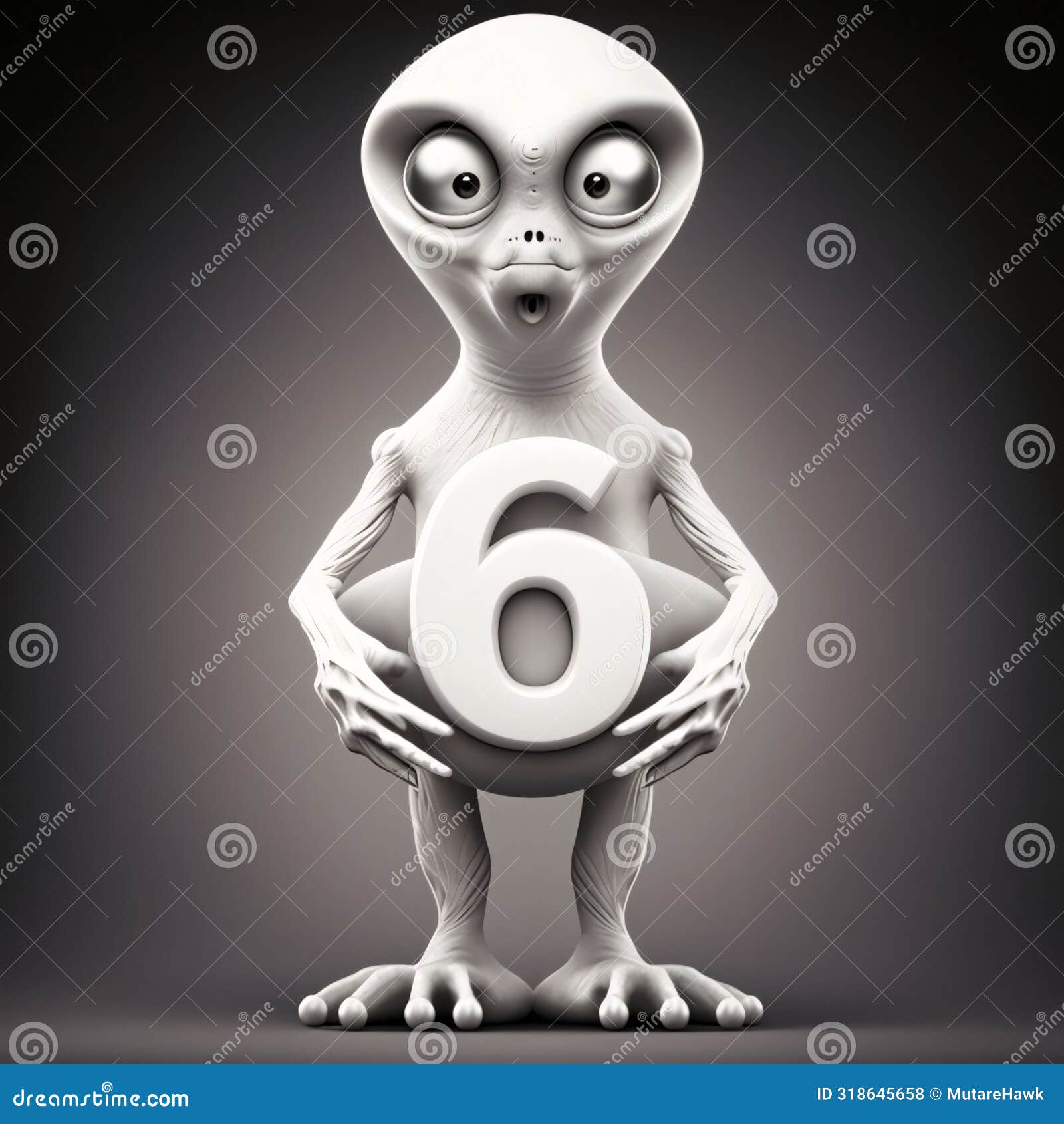 3D Illustration of a Alien with Number 6 on Gray Background Stock ...