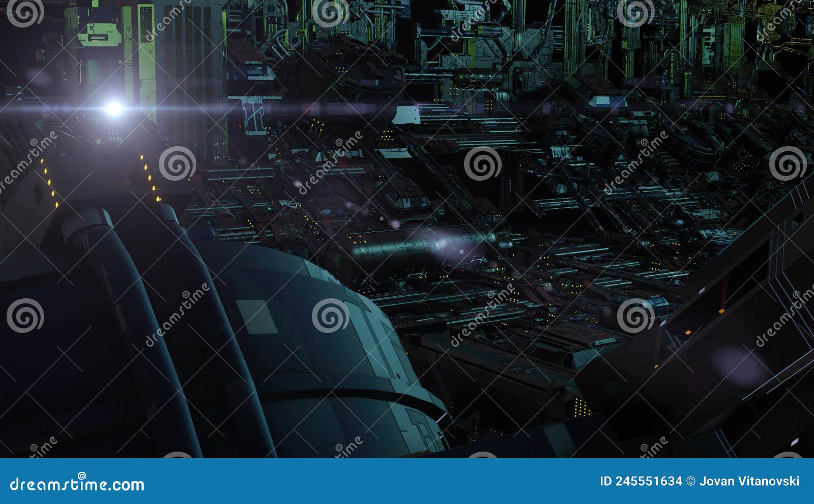 Alien Sci-fi City with Optical Flares Stock Illustration - Illustration ...