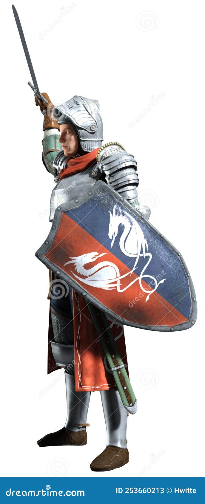 Brave Knight Standing with Raised Sword 3d Rendering Stock Illustration ...