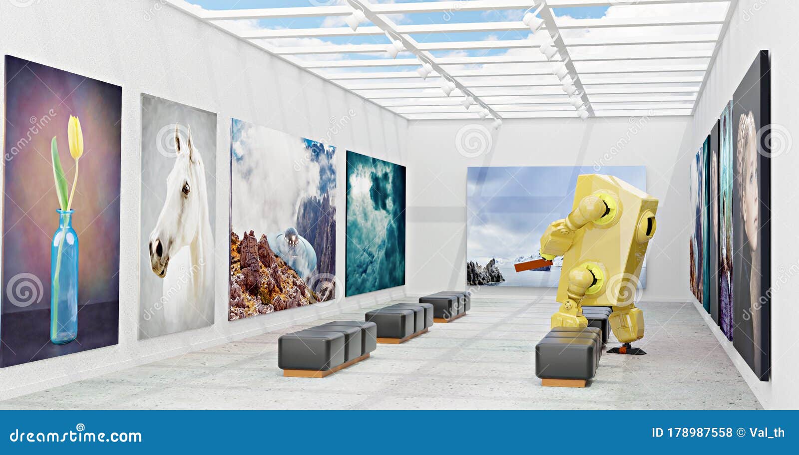 3D Illustration with an Art Gallery and a Robot Stock Illustration ...