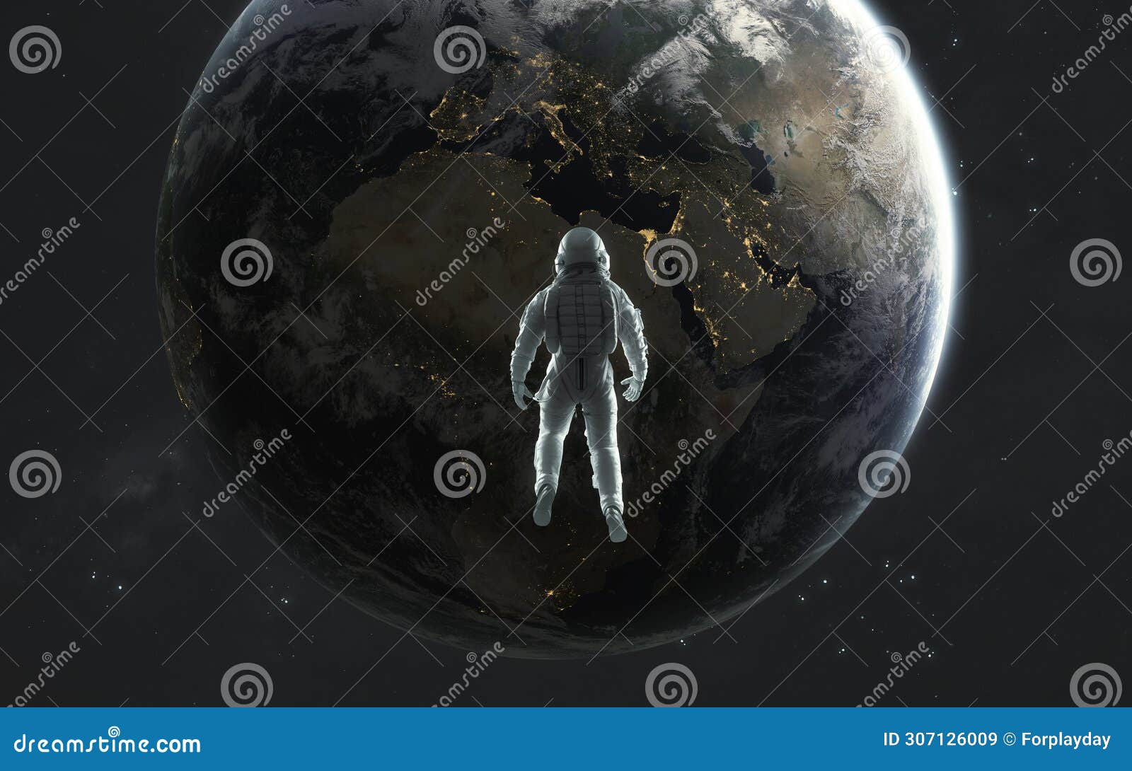 3D Illustration of Astronaut Looks at Earth. Artemis Space Program. 5K ...