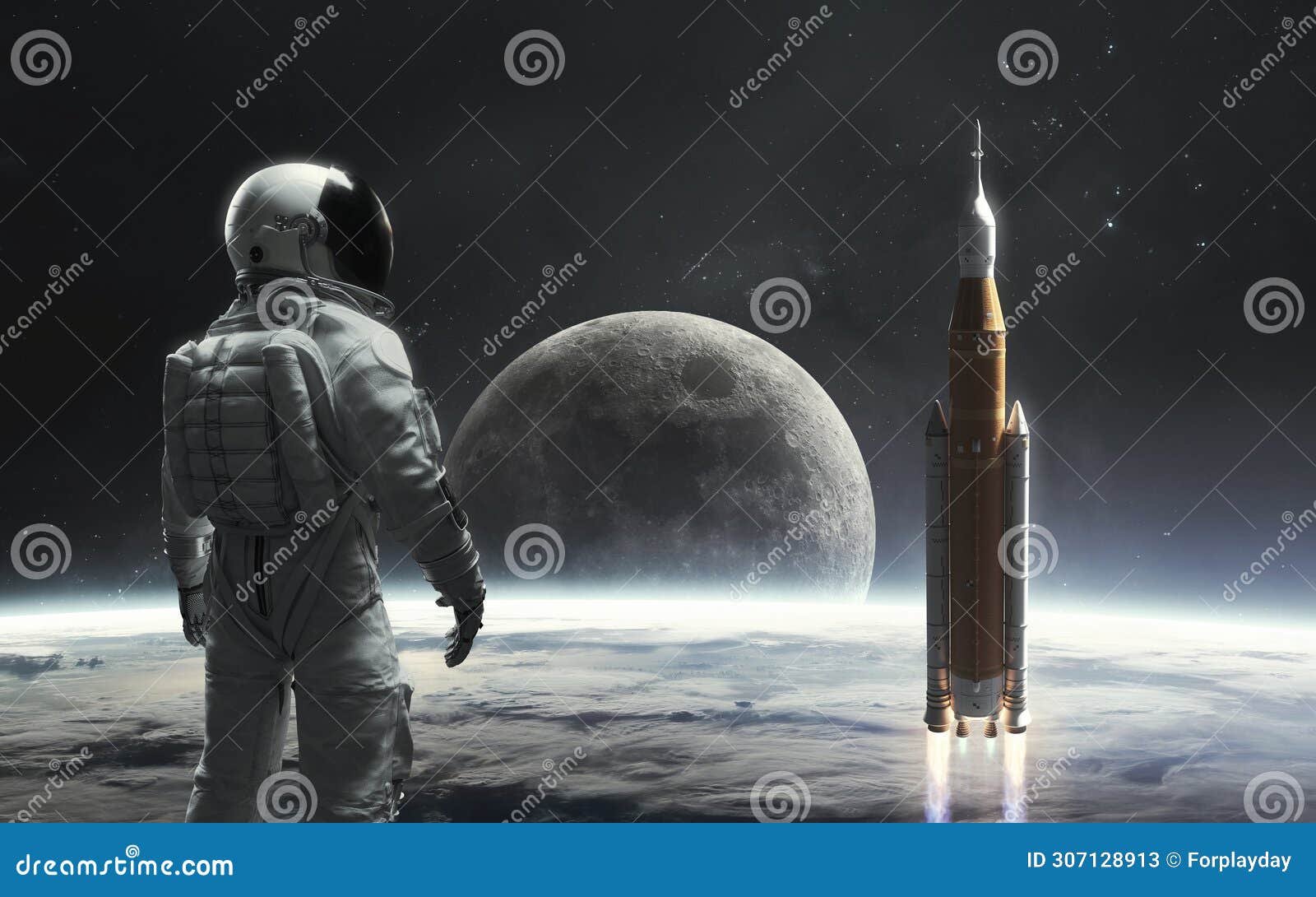 3D Illustration of Astronaut Looks at Moon and SLS Rocket Start ...