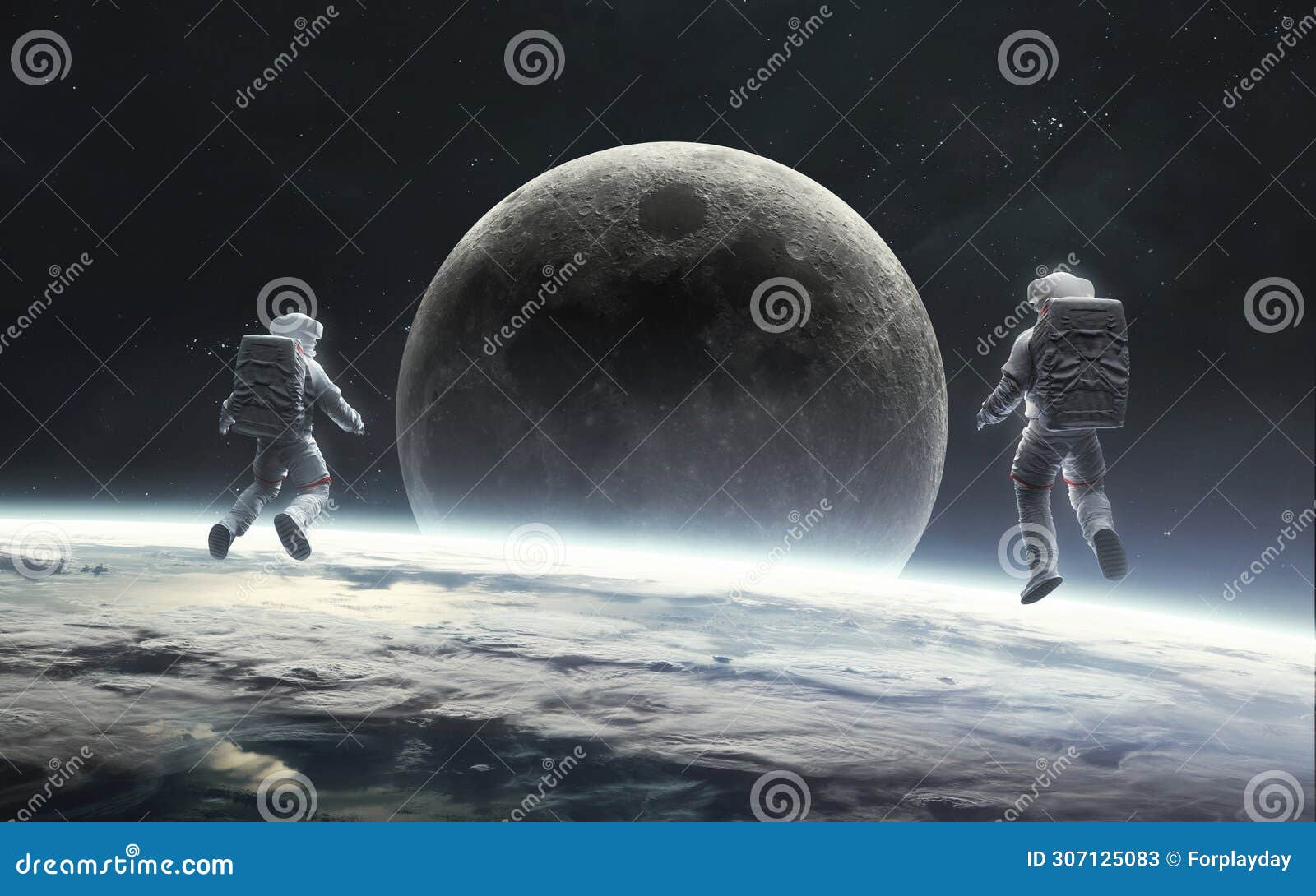3D Illustration of Astronauts Looks at Moon. Artemis Space Program. 5K ...