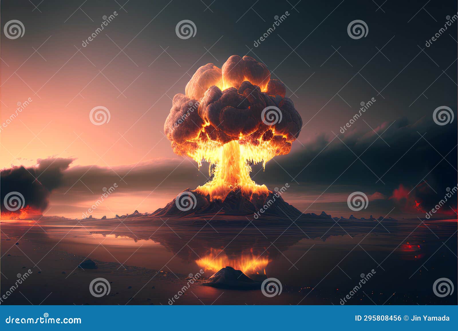 3D Illustration of an Atomic Bomb Explosion on the Beach at Sunset ...