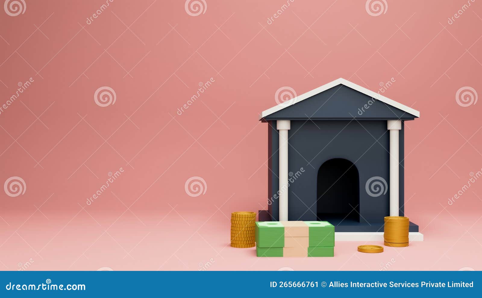 3D Illustration of Bank Structure with Bunch of Banknotes, Golden Coin ...