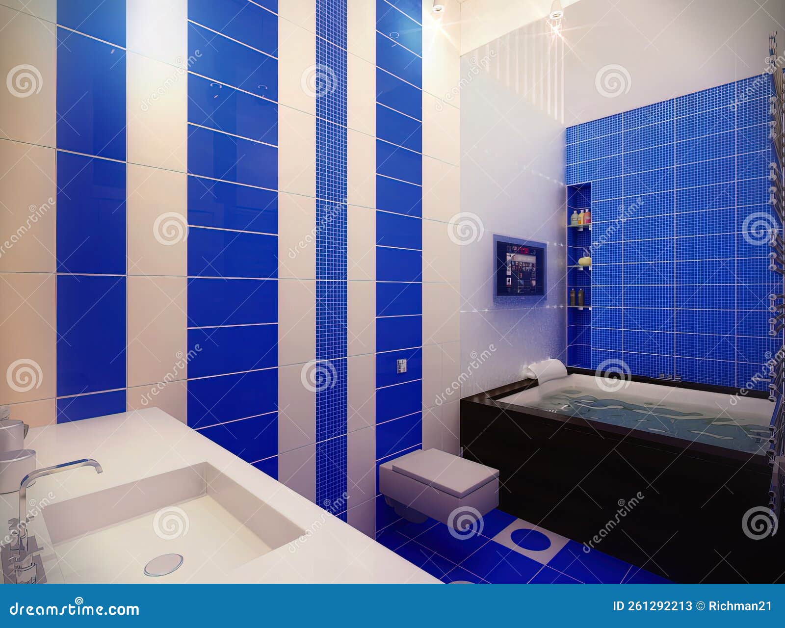 3D Illustration for a Bathroom in a Blue Color Scheme. Bathroom ...