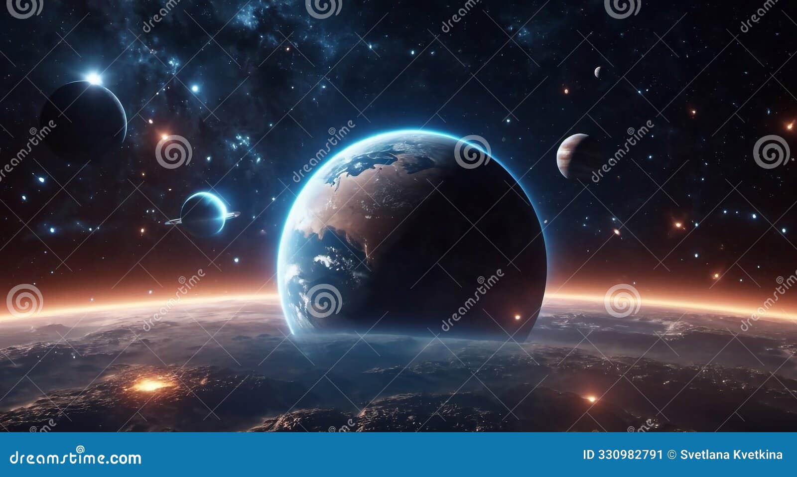 3D Illustration of Beautiful Cosmic Scene with Planets. High Quality ...