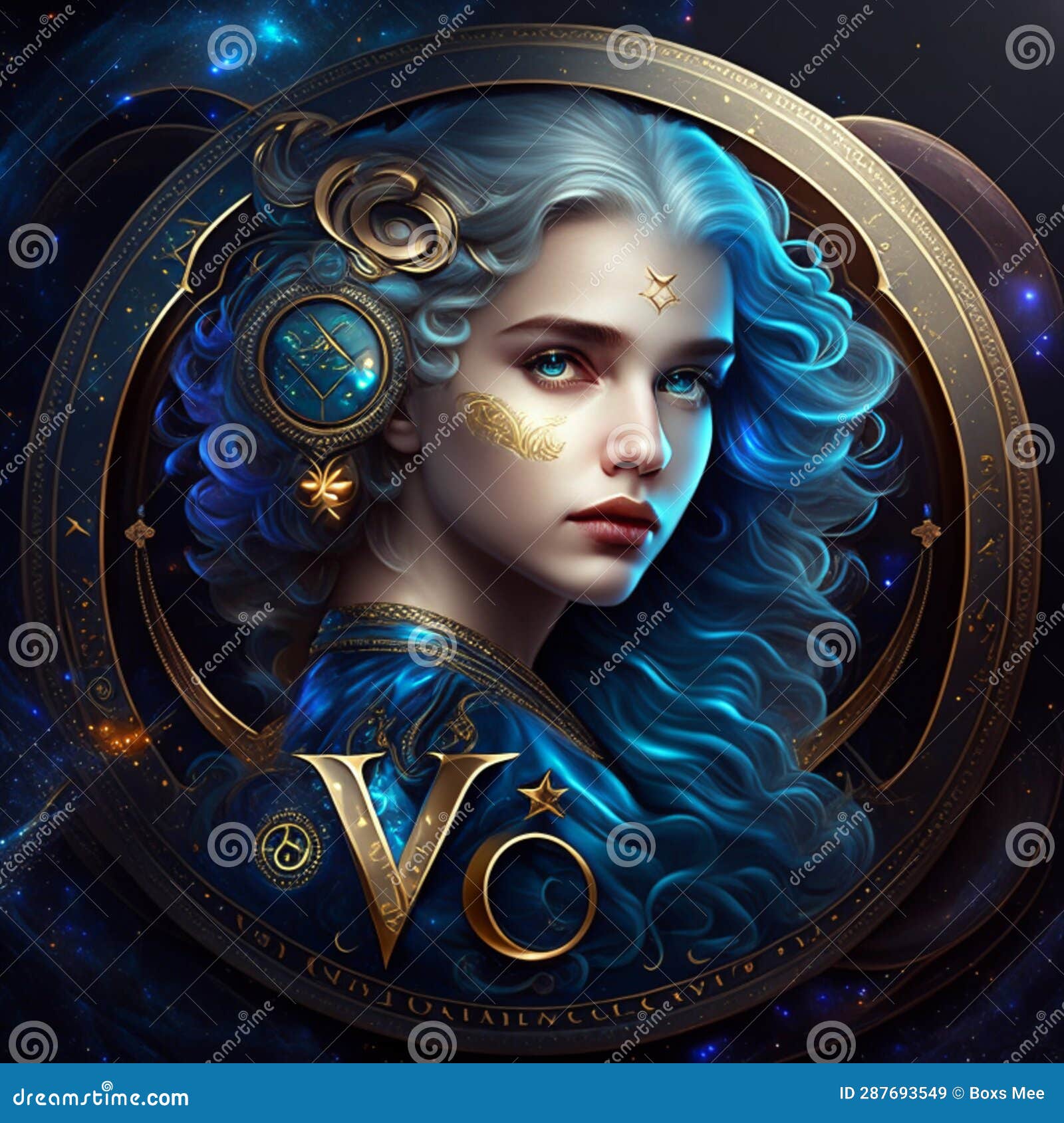 3d Illustration Of A Beautiful Girl With Blue Hair In A Circle