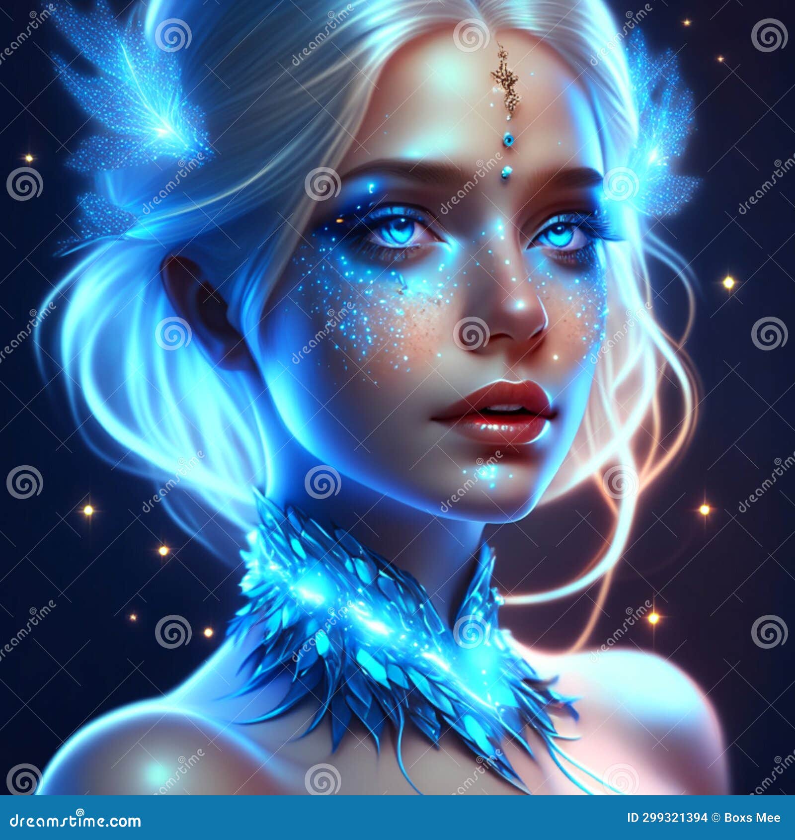 3d Illustration Of A Beautiful Girl With Blue Hair And Glowing Eyes Ai