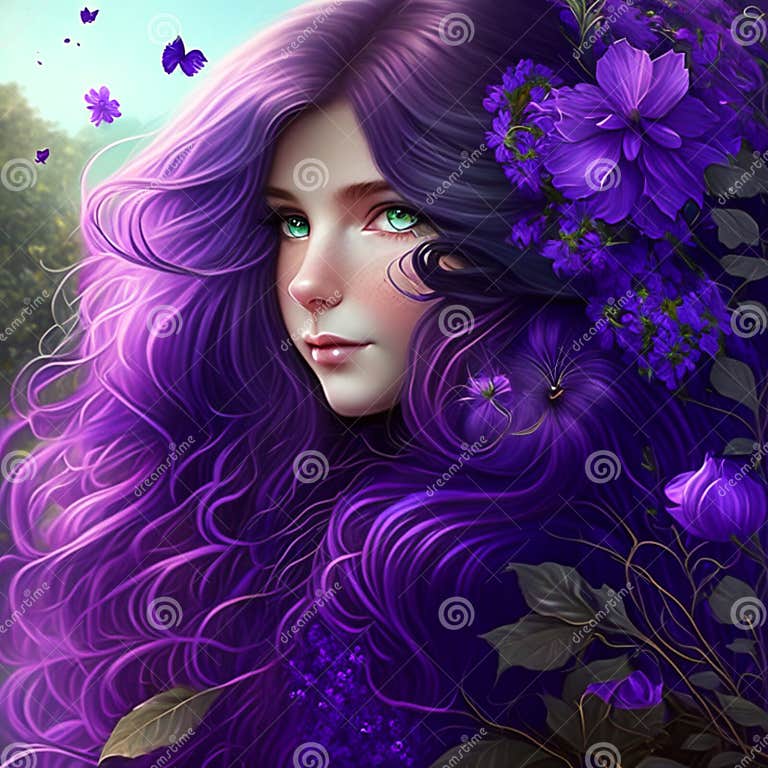 3d Illustration Of A Beautiful Girl With Purple Hair And Flowers In Her