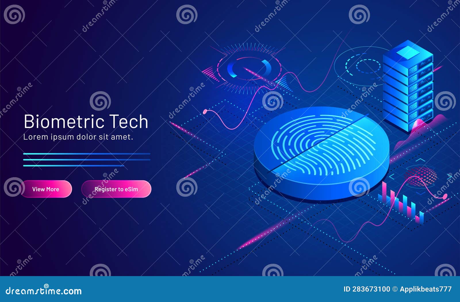 3D Illustration of Biometric Fingerprint and Server on Blue Scientific ...
