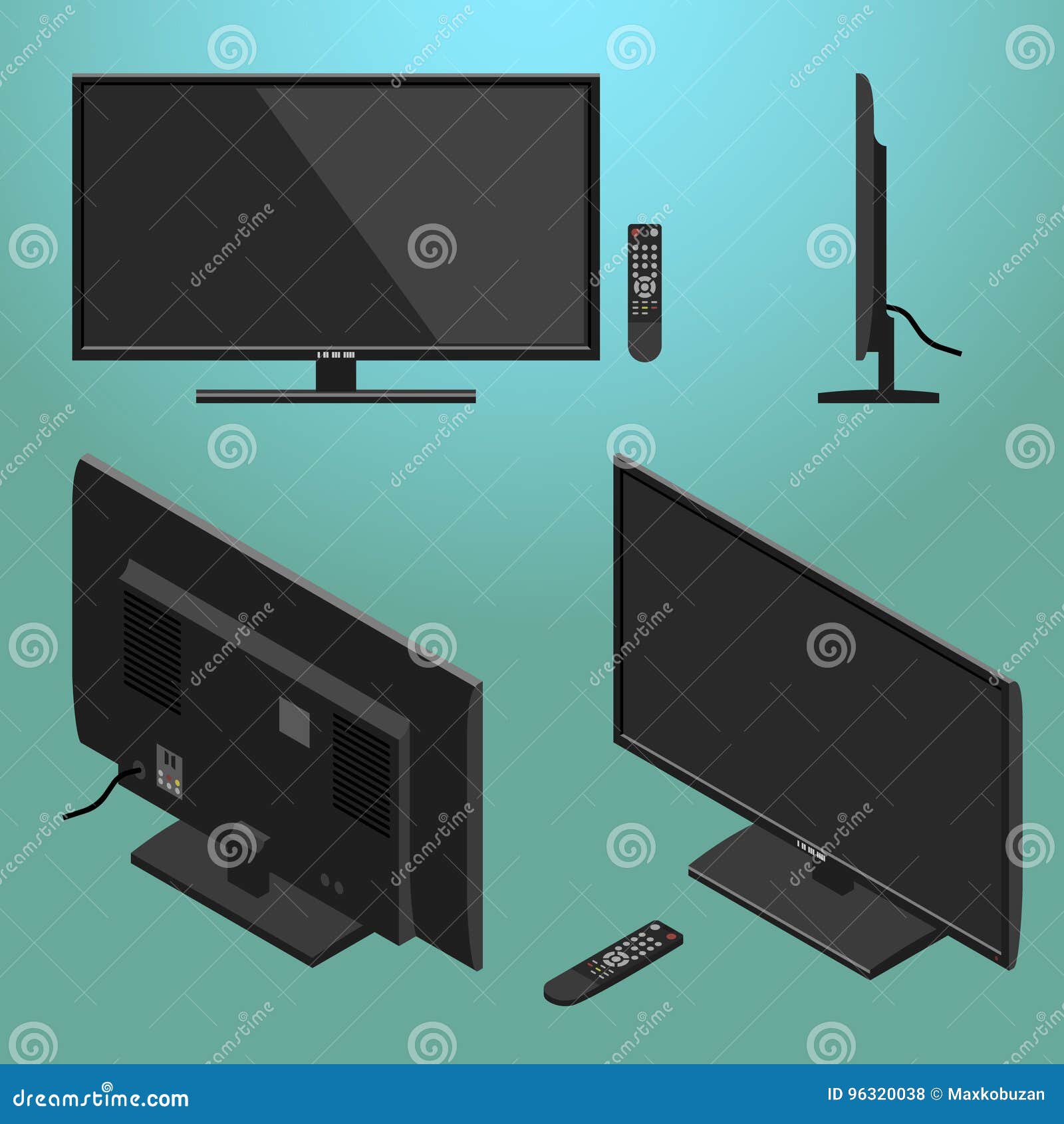 3D Illustration of Black Modern LED TV with Remote Control Isometric ...