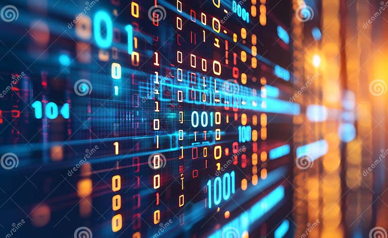 3D Illustration of Blue Bytes of Binary Code, Digital Technology ...