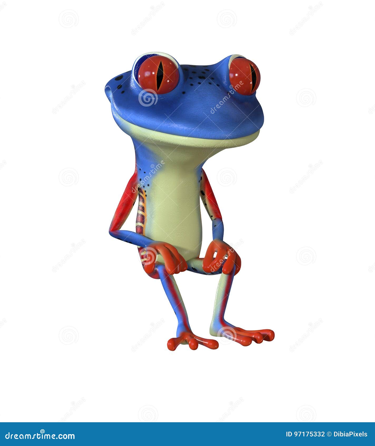 3d Illustration of a Blue Cartoon Frog Sitting Down. Stock Photo ...