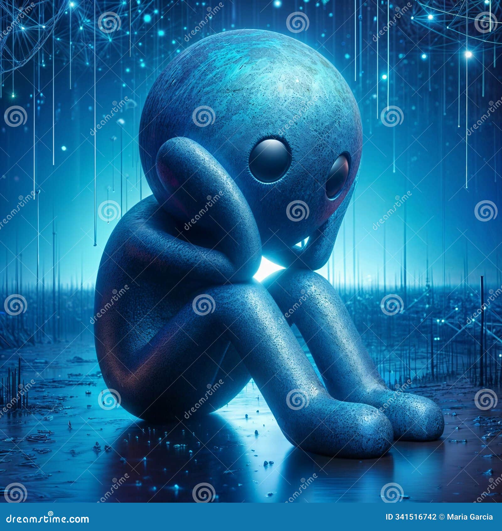 3d Illustration of Blue Character Sitting in Pensive Position of Deep ...