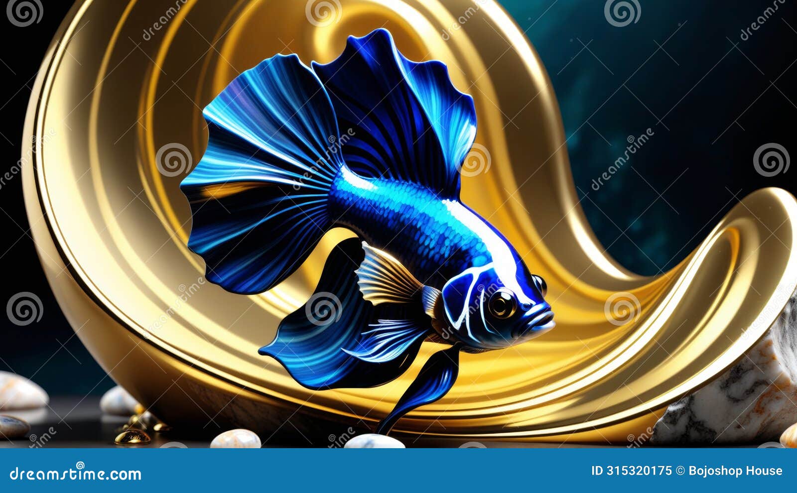 3d Illustration of Blue and Gold Fish with Gold Frame on Black ...