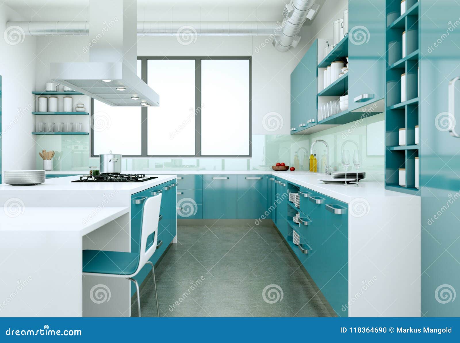 Blue Modern Kitchen in a House with a Beautiful Design Stock ...