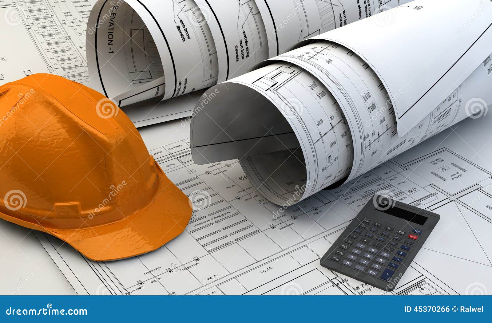 3d Illustration of Blueprints, House Model and Construction Equipment ...