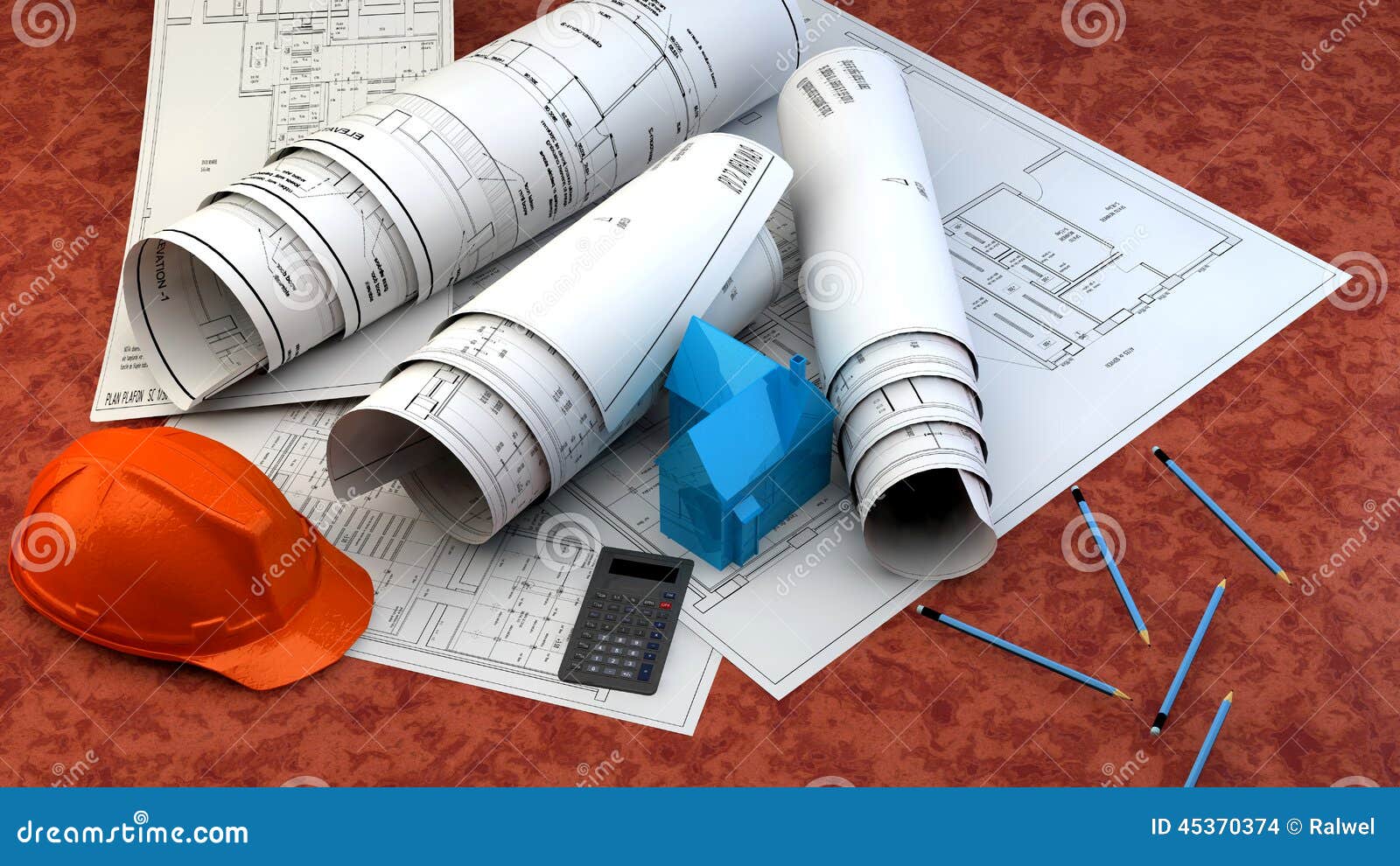 3d Illustration of Blueprints, House Model and Construction Equipment ...