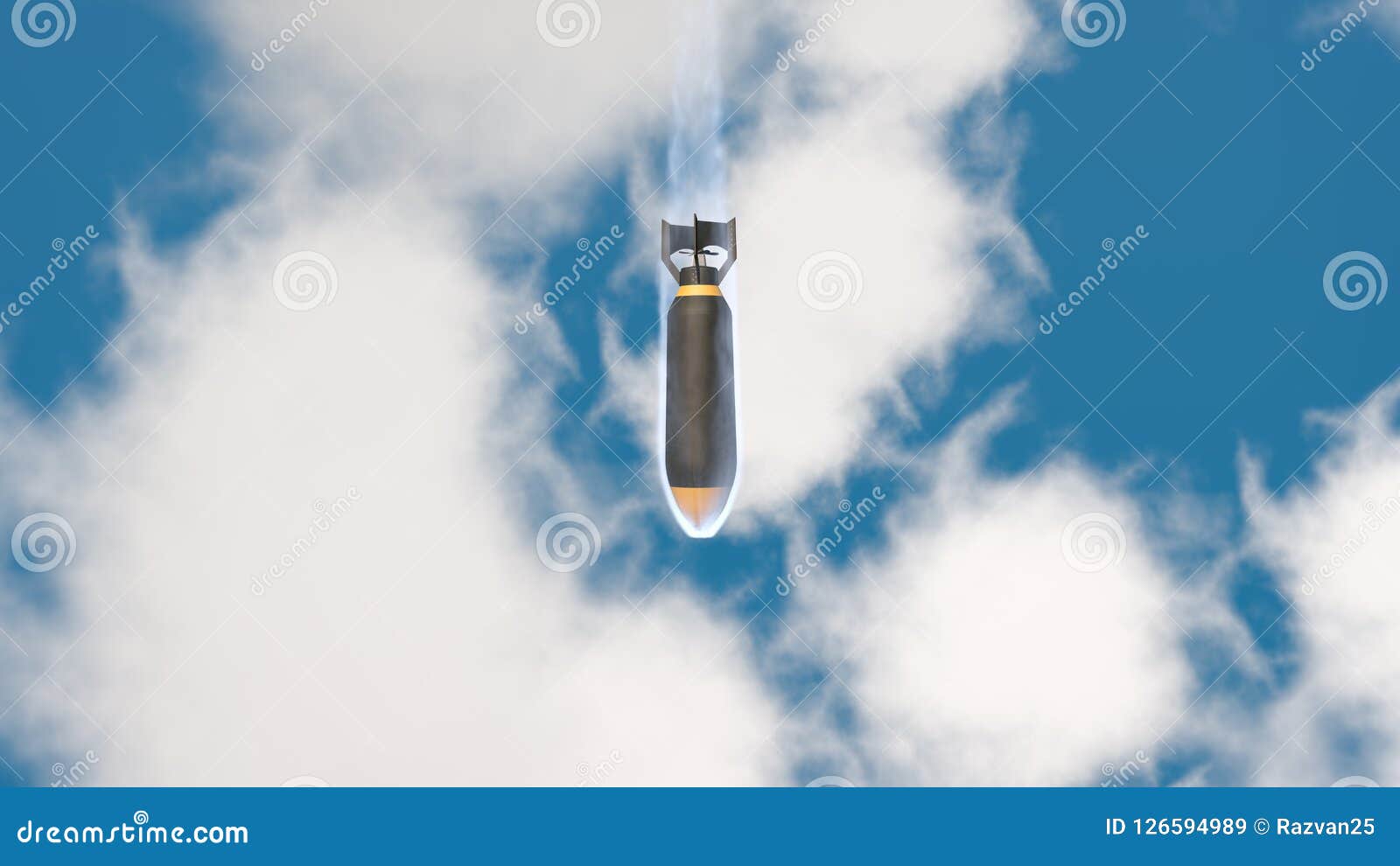 3D Illustration of a Bomb with Propeller Fuze Falling through Clouds ...