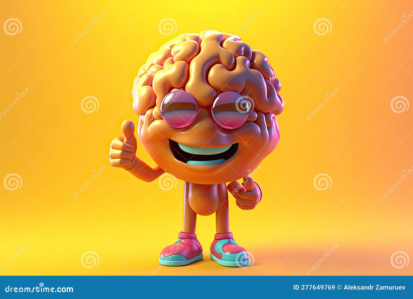 3d Illustration of Brain Cute Character in Glasses with Thumb Up. Ai ...