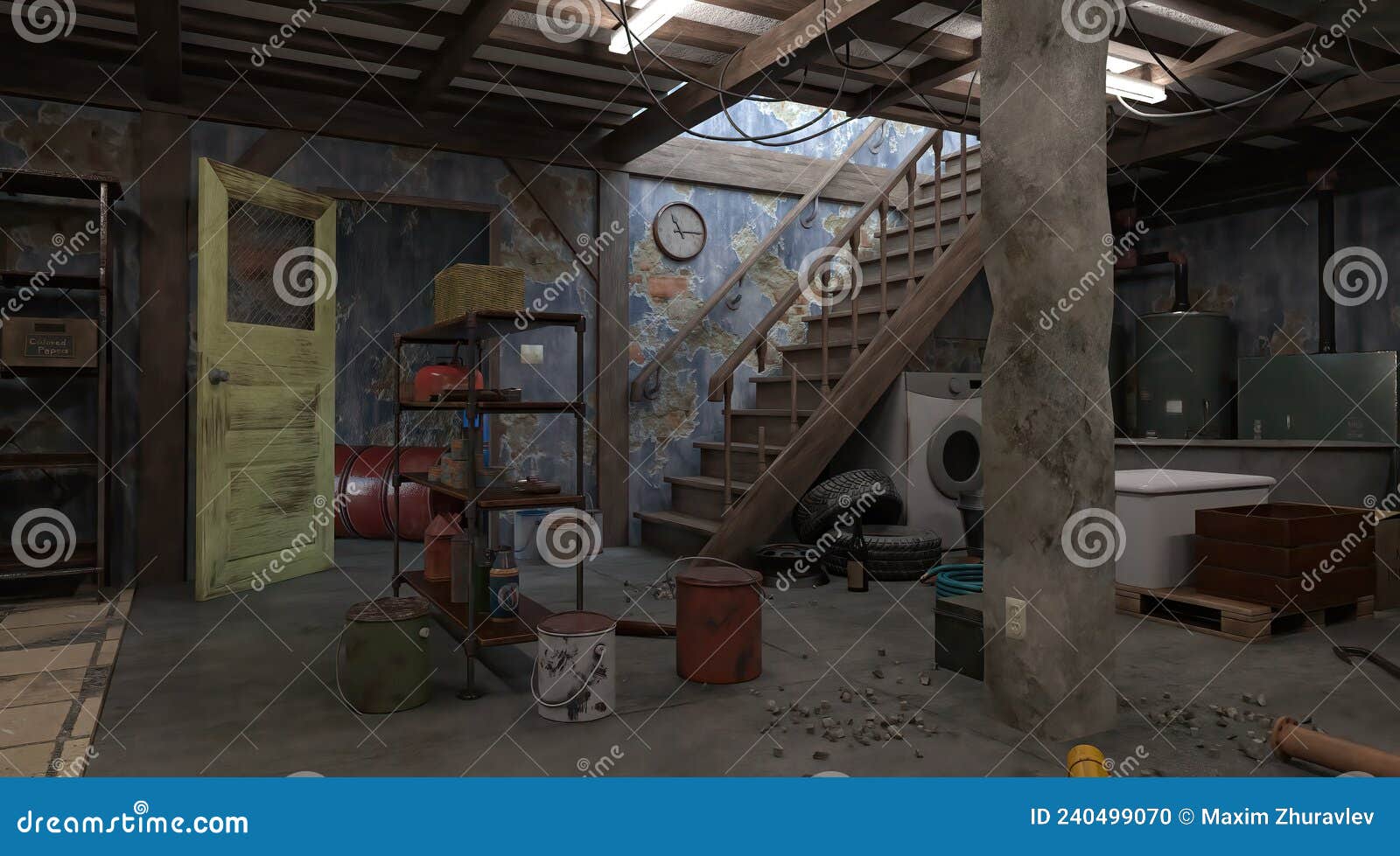 3D Illustration Brick Basement with Unnecessary Obsolete Things Stock ...