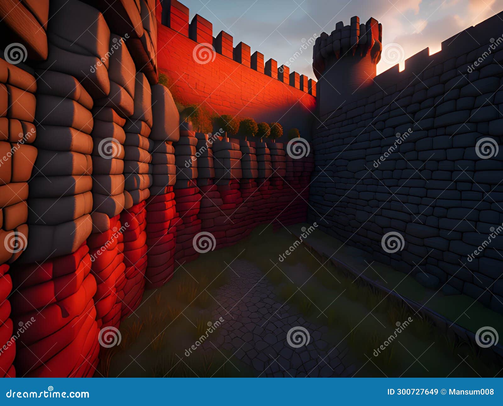 3d Illustration of the Castle Wall, with Red and White Bricks, Sunset ...