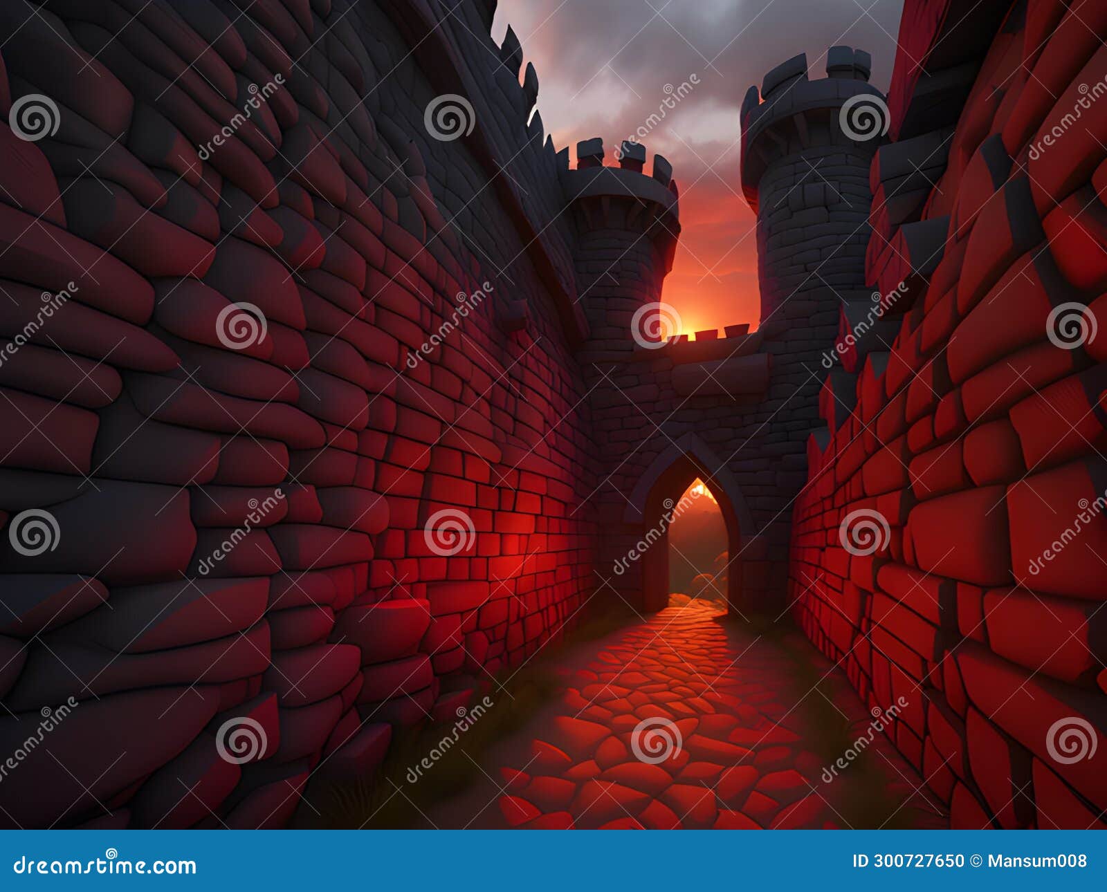 3d Illustration of the Castle Wall, with Red and White Bricks, Sunset ...