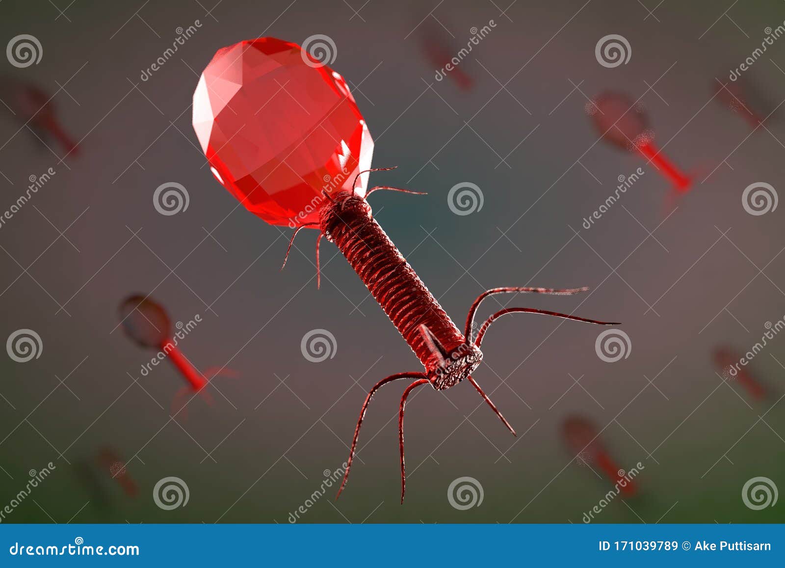 3d Illustration, Close Up of Microscope Bacteriophage on Green ...