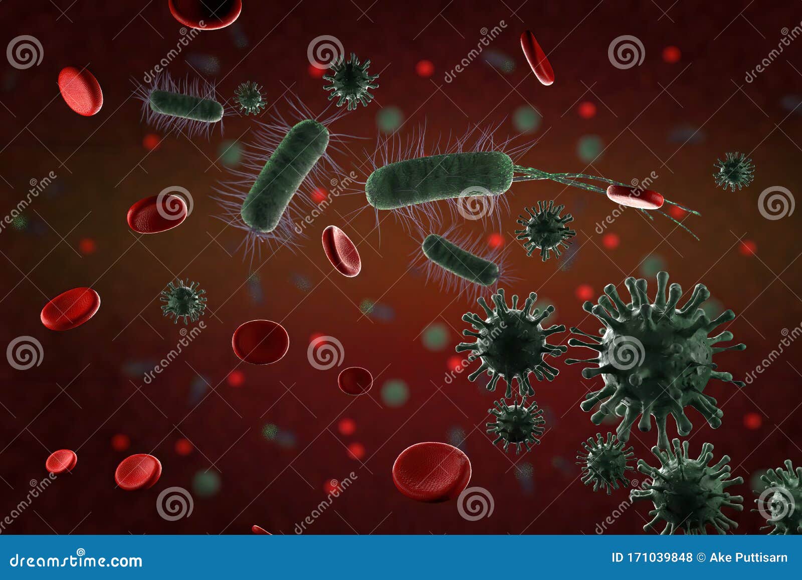 3d Illustration, Close Up of Microscopic Virus, Bacteria and Red Blood ...