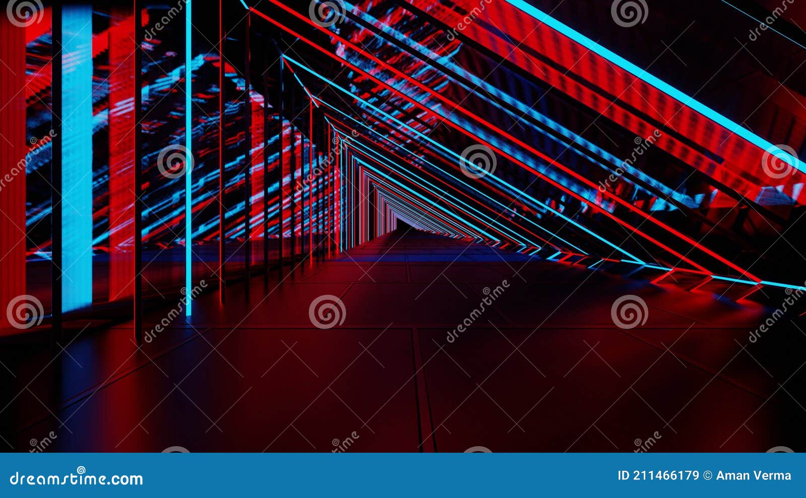 3D Illustration of Colorful Neon Lights Triangular Tunnel Loop with ...