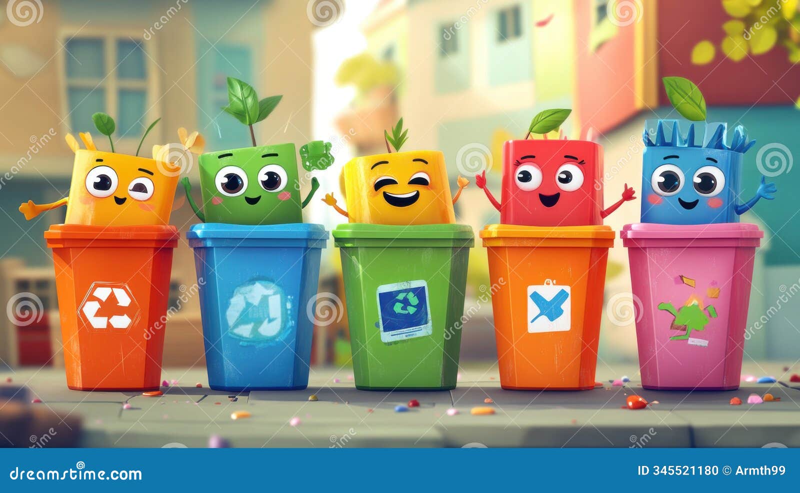 3d Illustration of Colorful Recycle Bin with Happy, Sad and Smiling ...