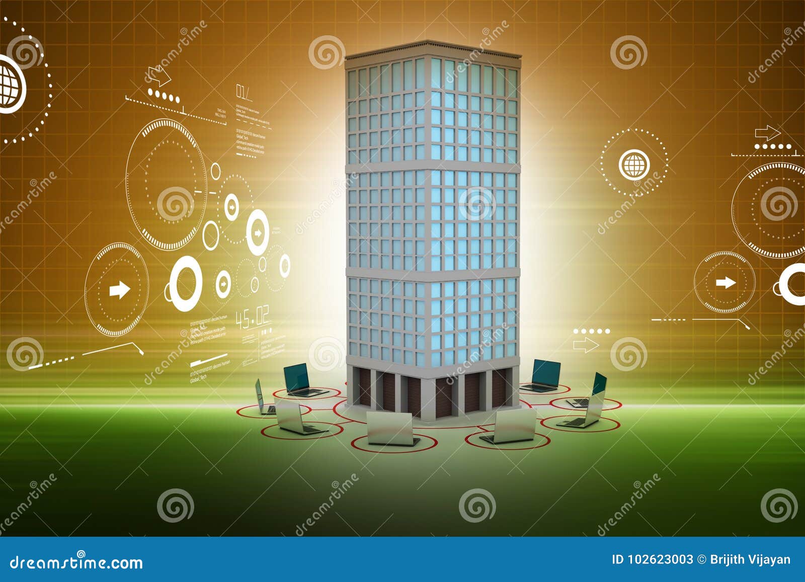 Computer Network Around the Building in Colour Back Ground Stock ...