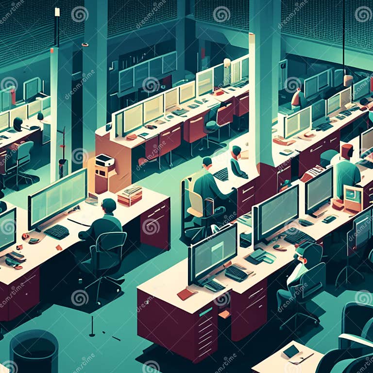 3d Illustration of a Computer Room with Computers and People Working in ...
