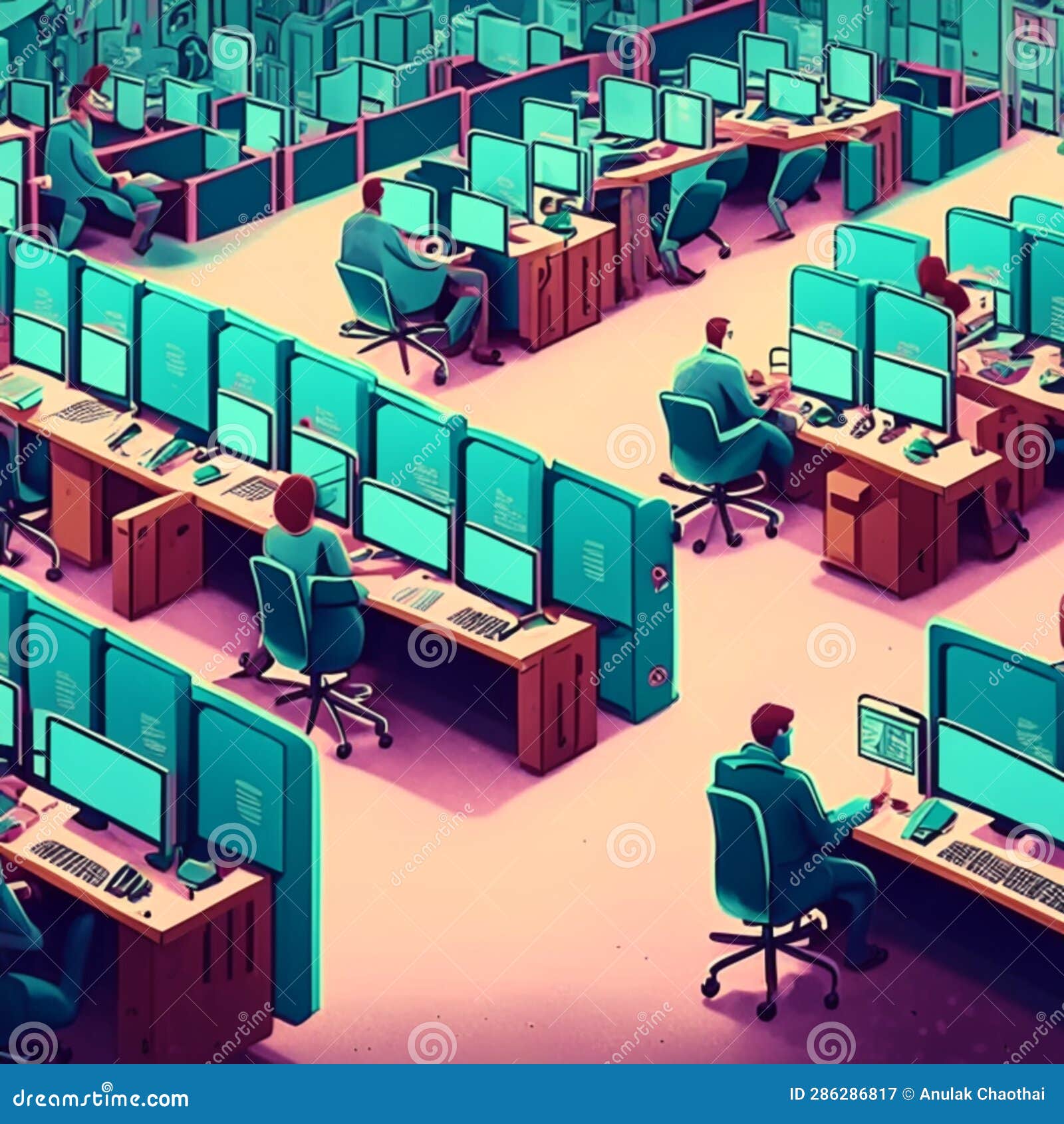 3d Illustration of a Computer Room with Rows of Monitors and People ...