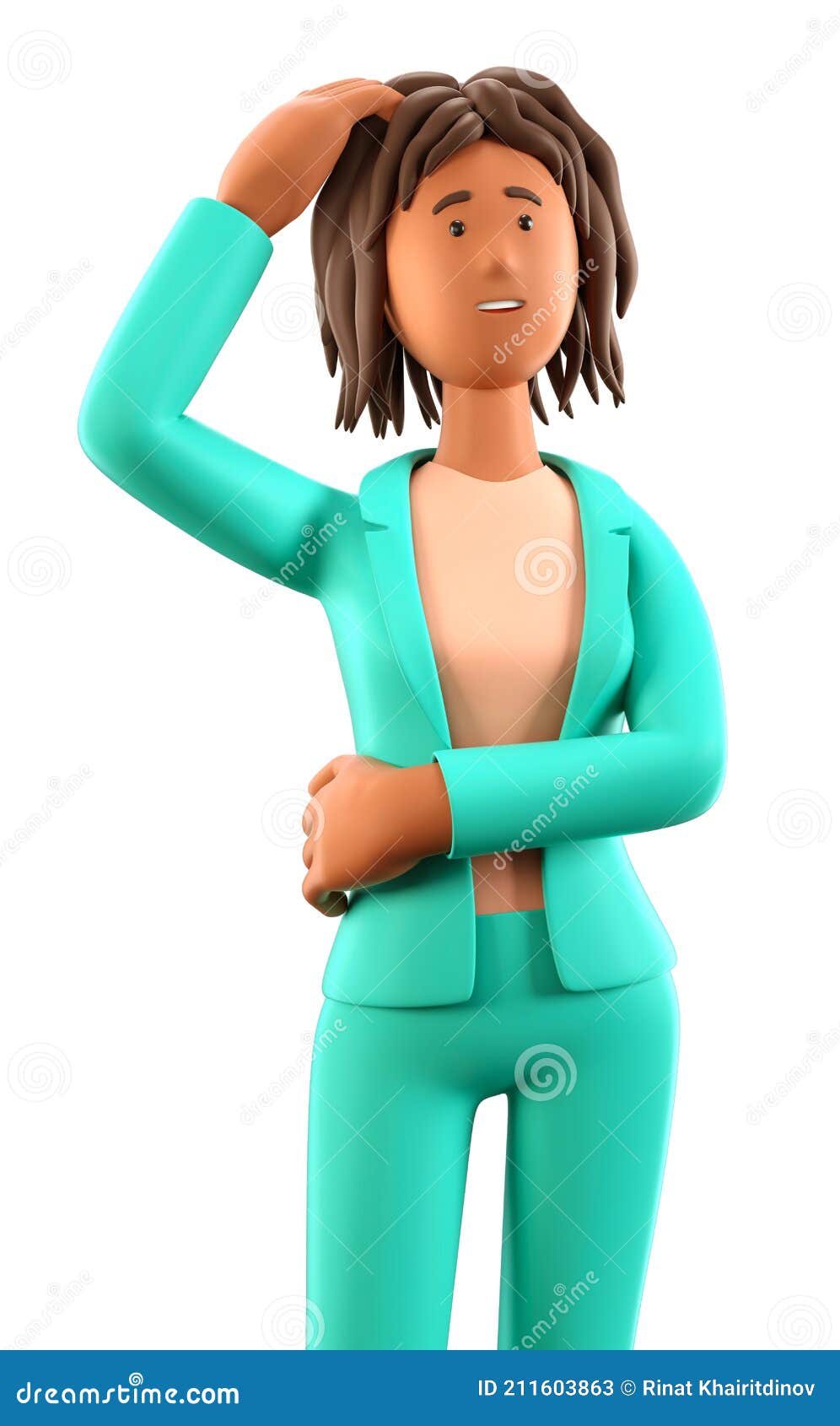 3d Illustration Of Confused Thinking African American Woman Scratching