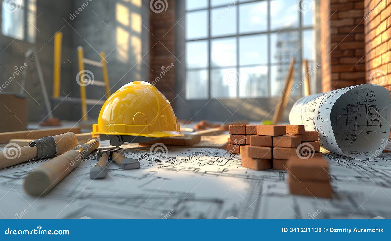 A 3D Illustration of a Construction Concept with a Brick Wall in the ...