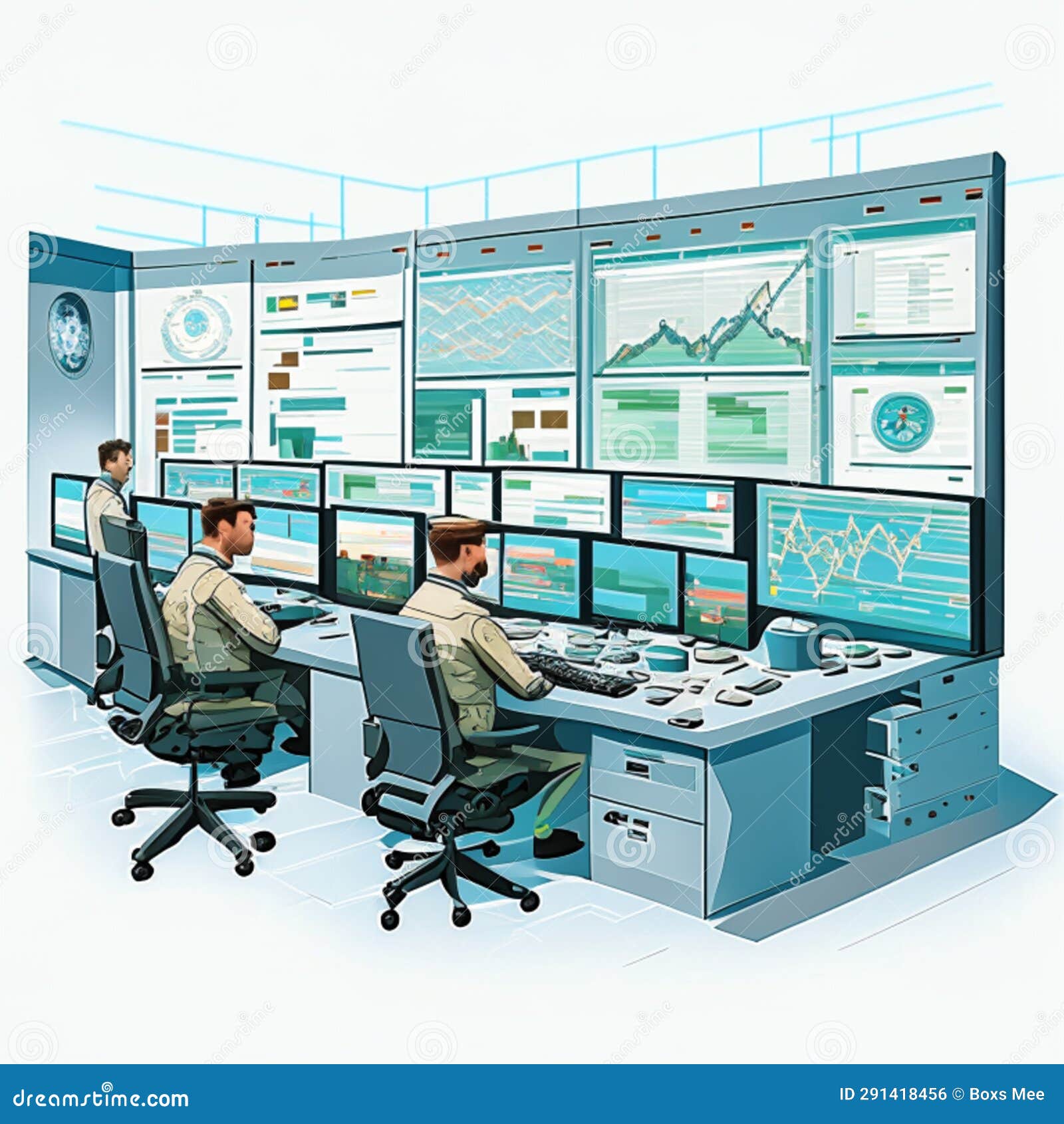 3d Illustration of a Control Room with Computers and People Working in ...